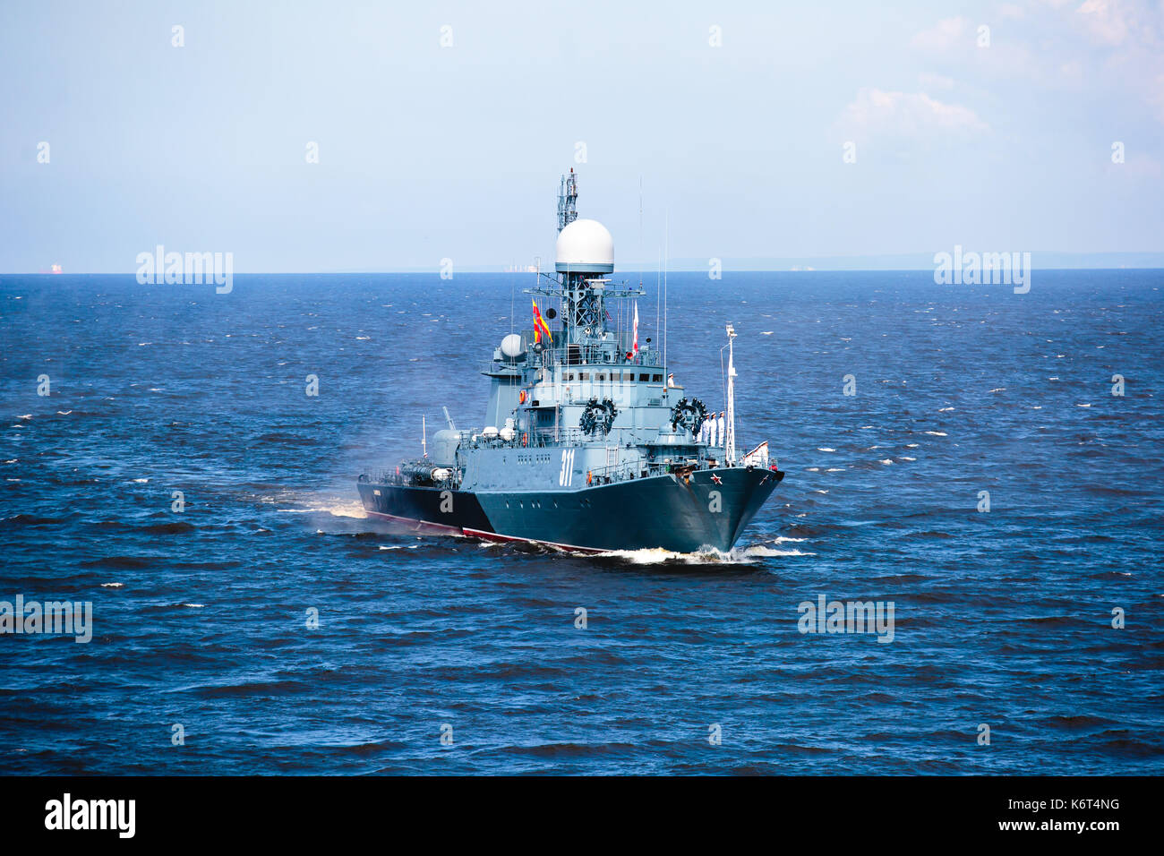 A line of modern russian military naval battleships warships in the row ...
