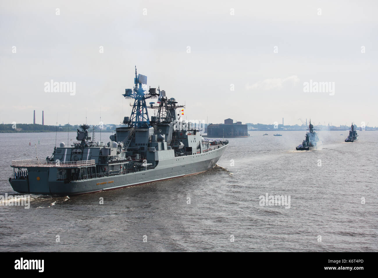 A line of modern russian military naval battleships warships in the row ...