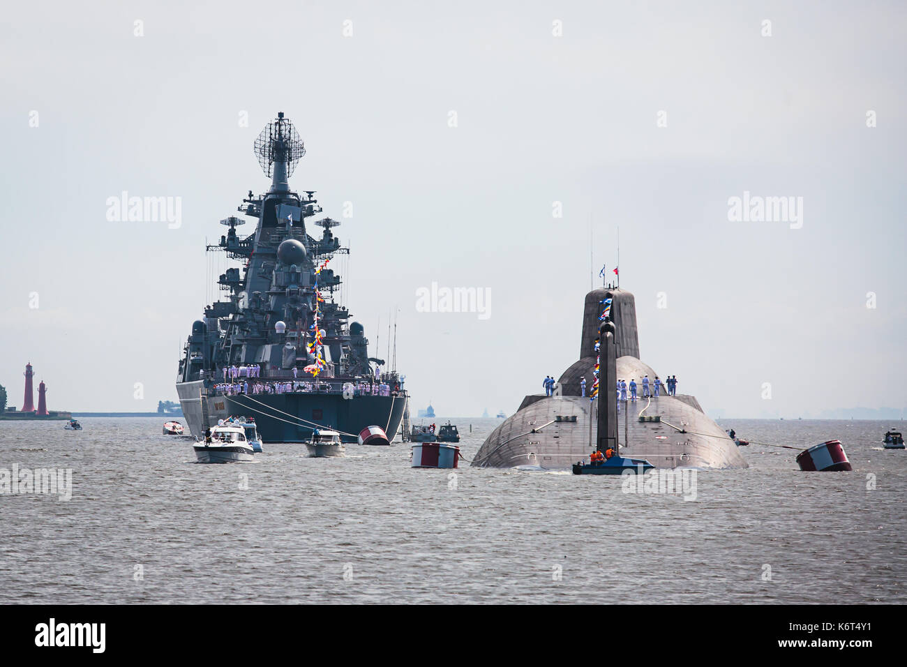 A line of modern russian military naval battleships warships in the row ...