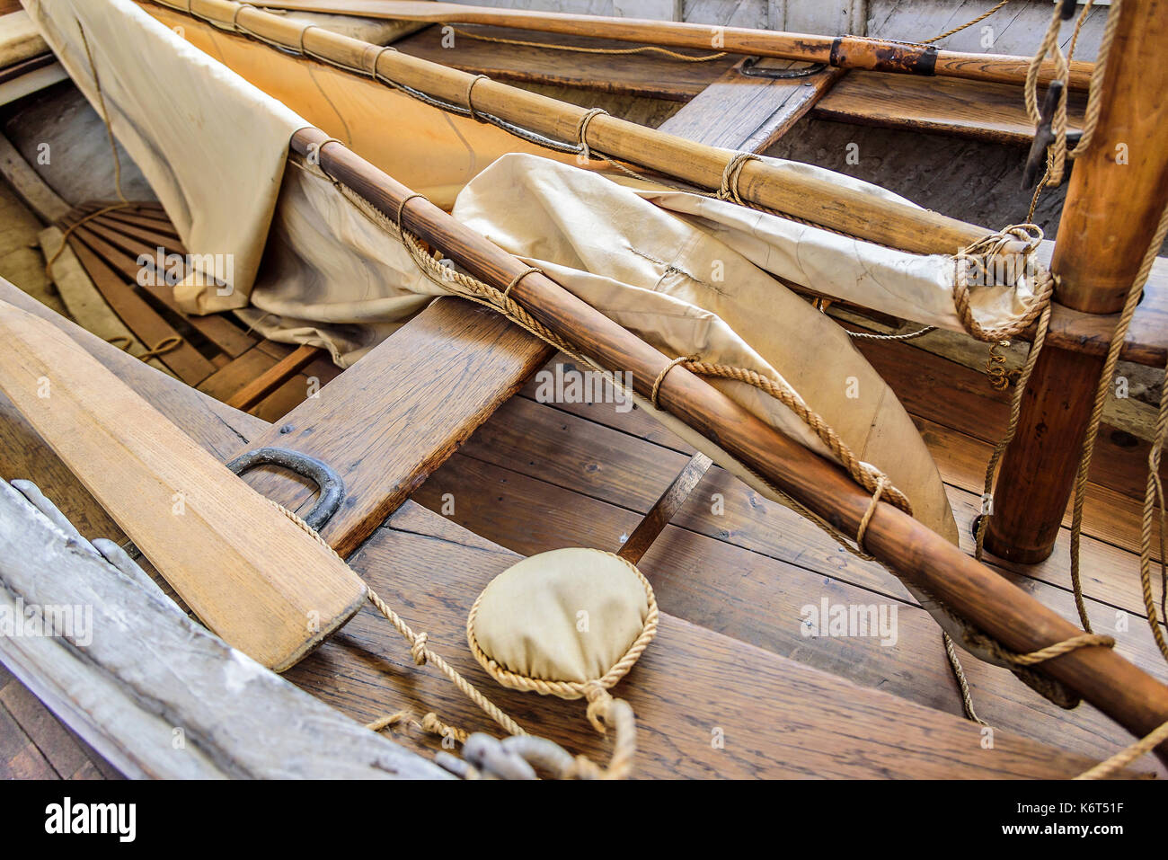Sailing rowing wooden fishing boat. Inside view Stock Photo - Alamy
