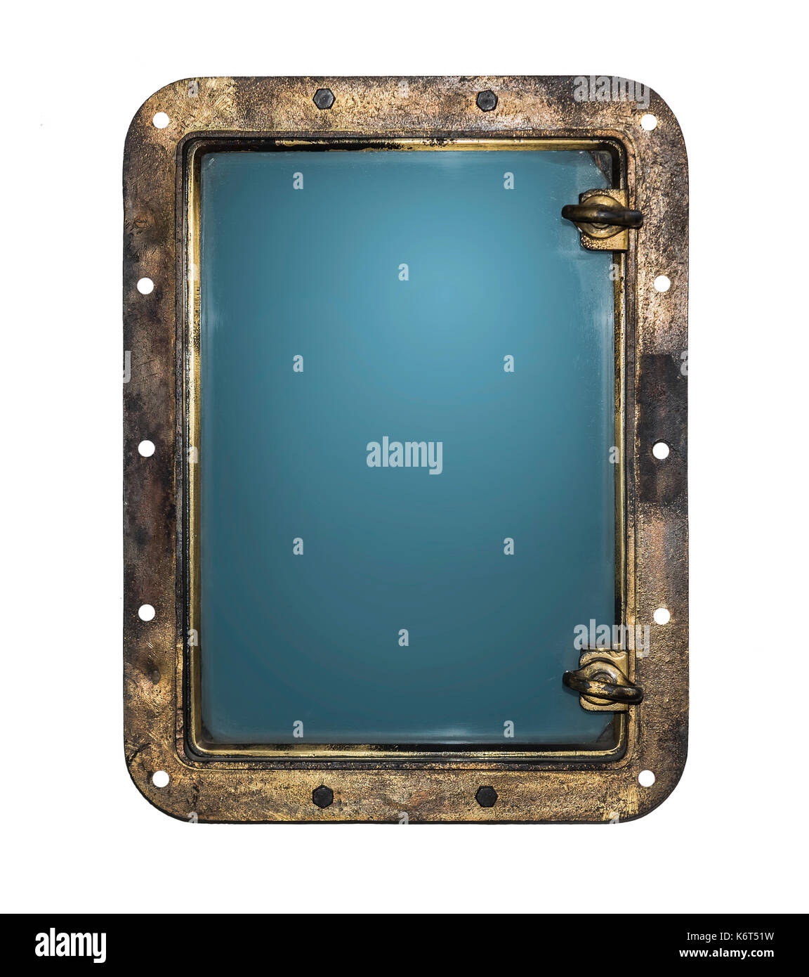 Golden ship porthole window isolated on white Stock Photo - Alamy