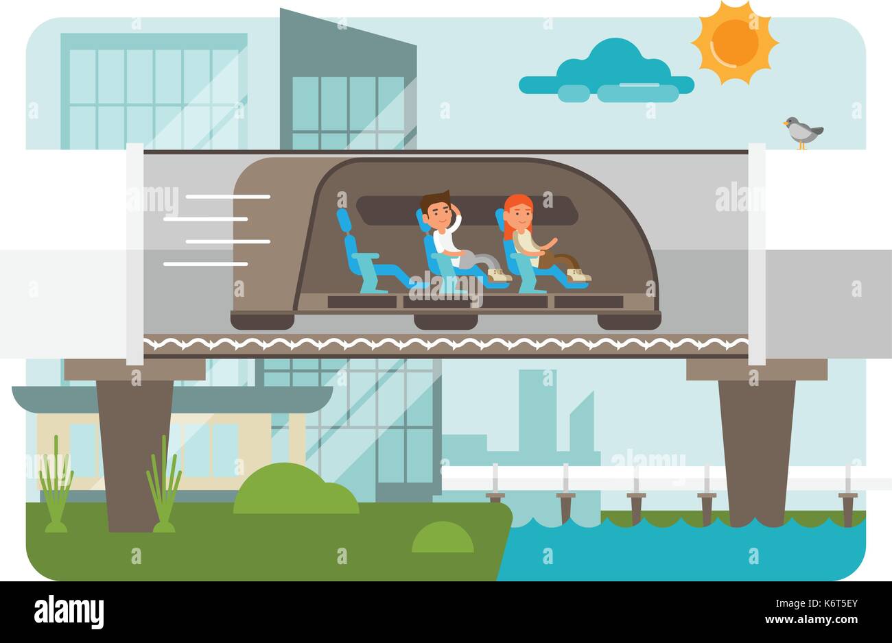 Hyper loop illustration on cityscape background with two passengers ...