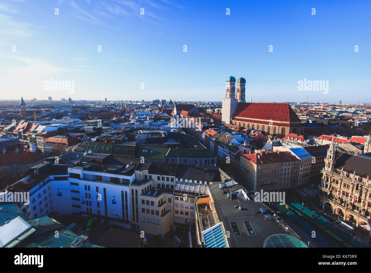 Beautiful super wide-angle sunny aerial view of Munich, Bayern, Germany ...