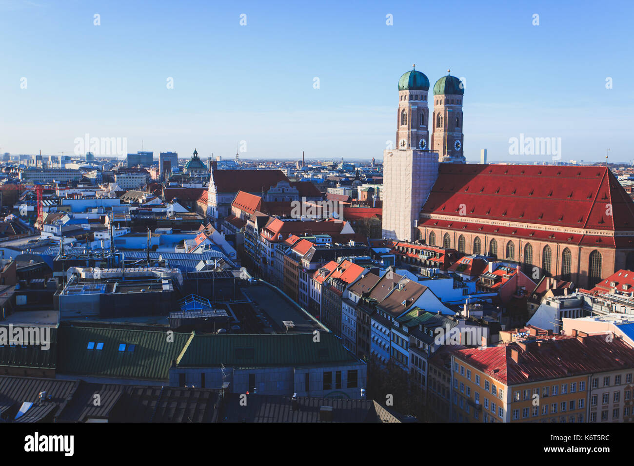 Beautiful super wide-angle sunny aerial view of Munich, Bayern, Germany ...