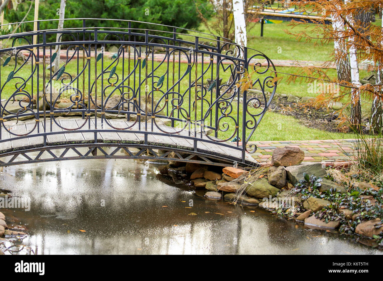 Scenic small metal forged bridge over little pond in a beautiful autumn ...