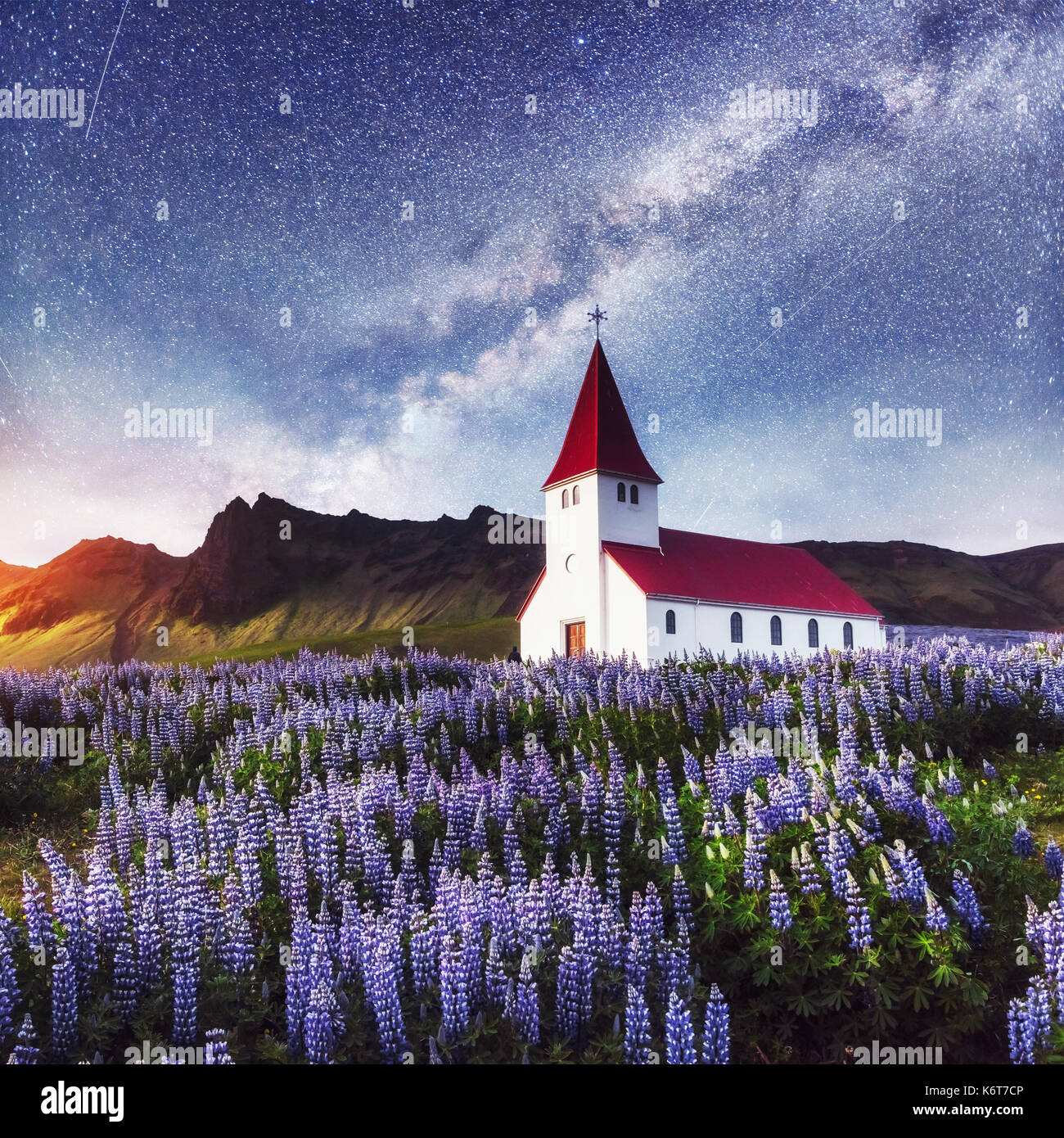 Beautiful collage Lutheran Church in Vik under fantastic starry sky ...