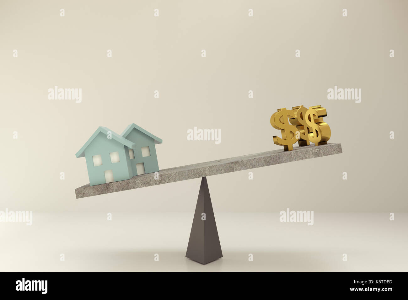 3D rendering of abstract house and dollar on balance scale Stock Photo ...