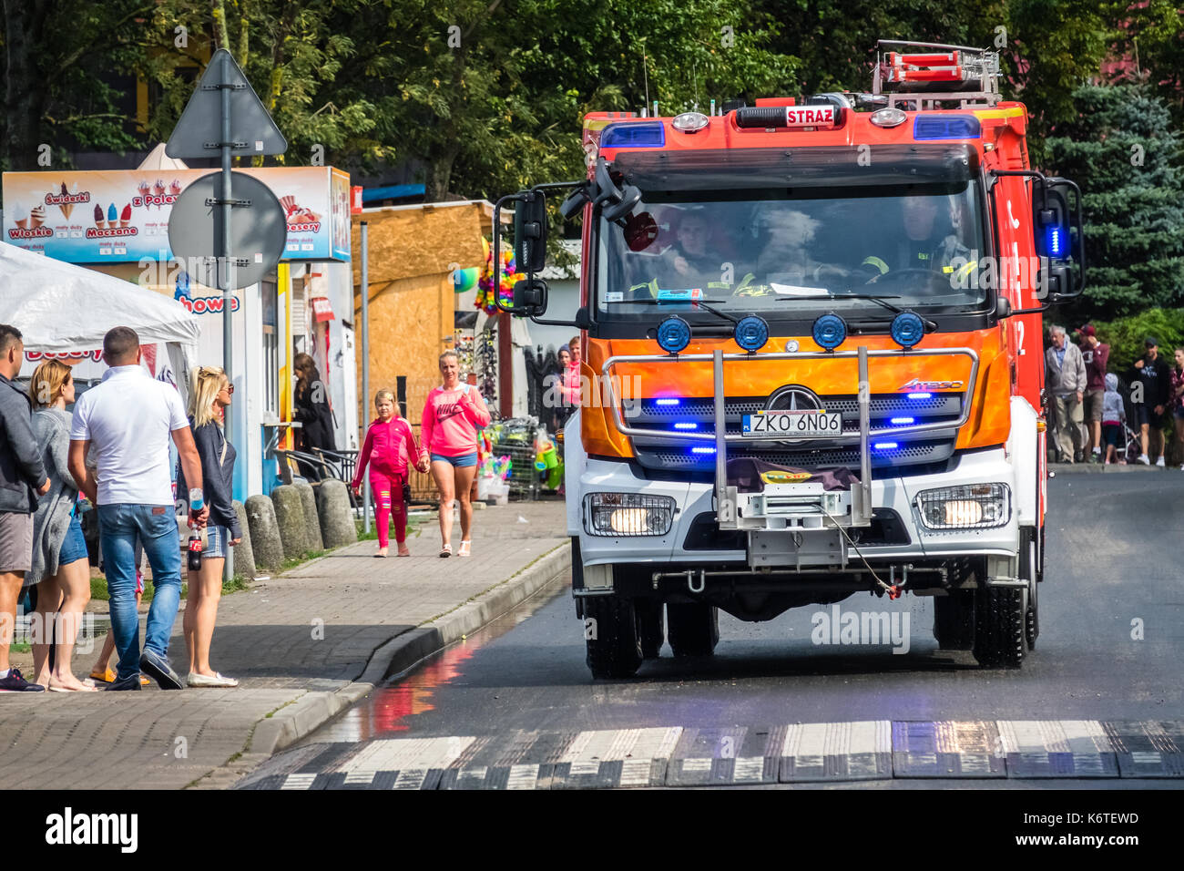 Sarbinowo, Poland - August 2017 : Fire engine arriving to pump up ...