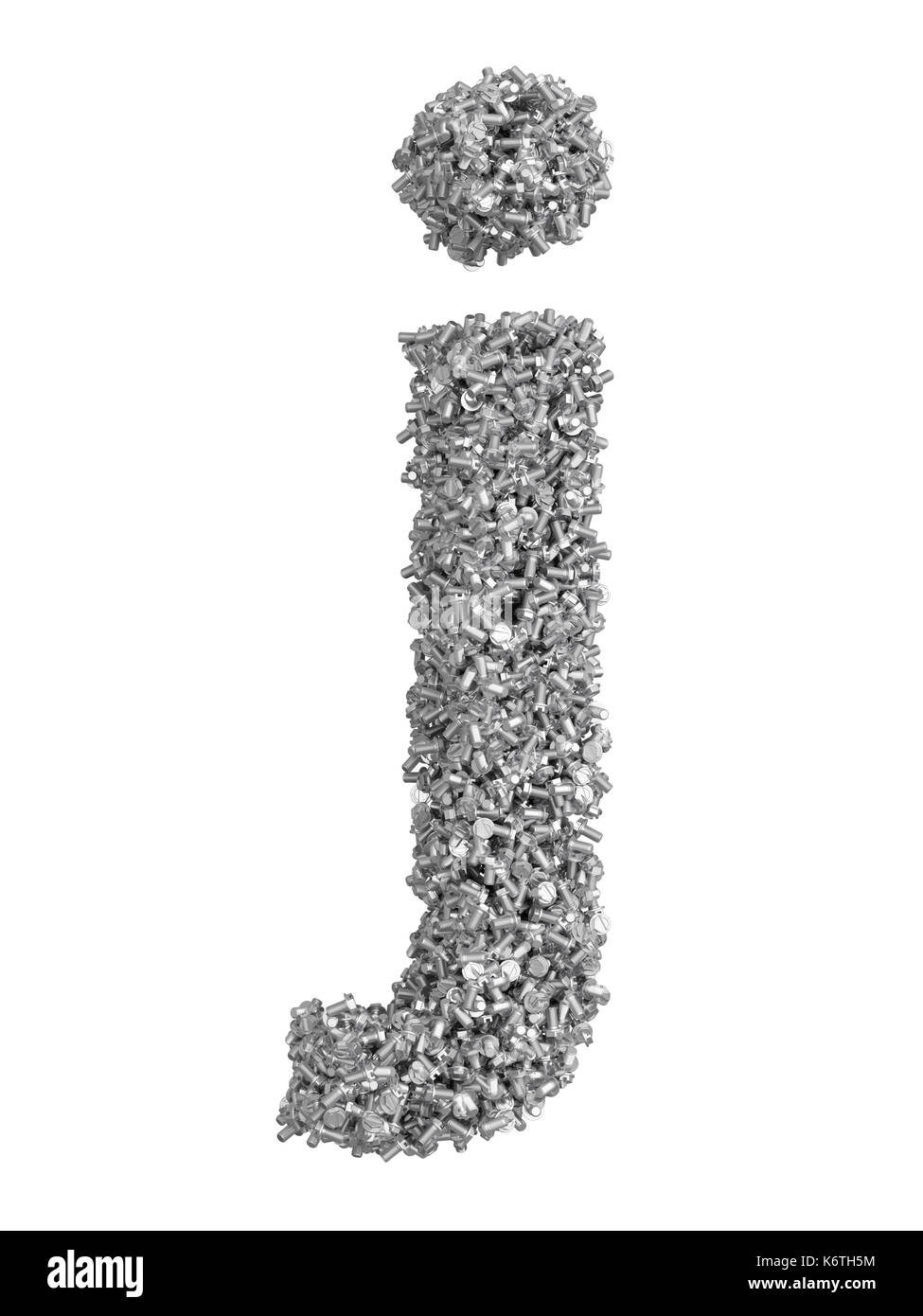 3D render of silver or grey alphabet make from bolts. small letter j ...