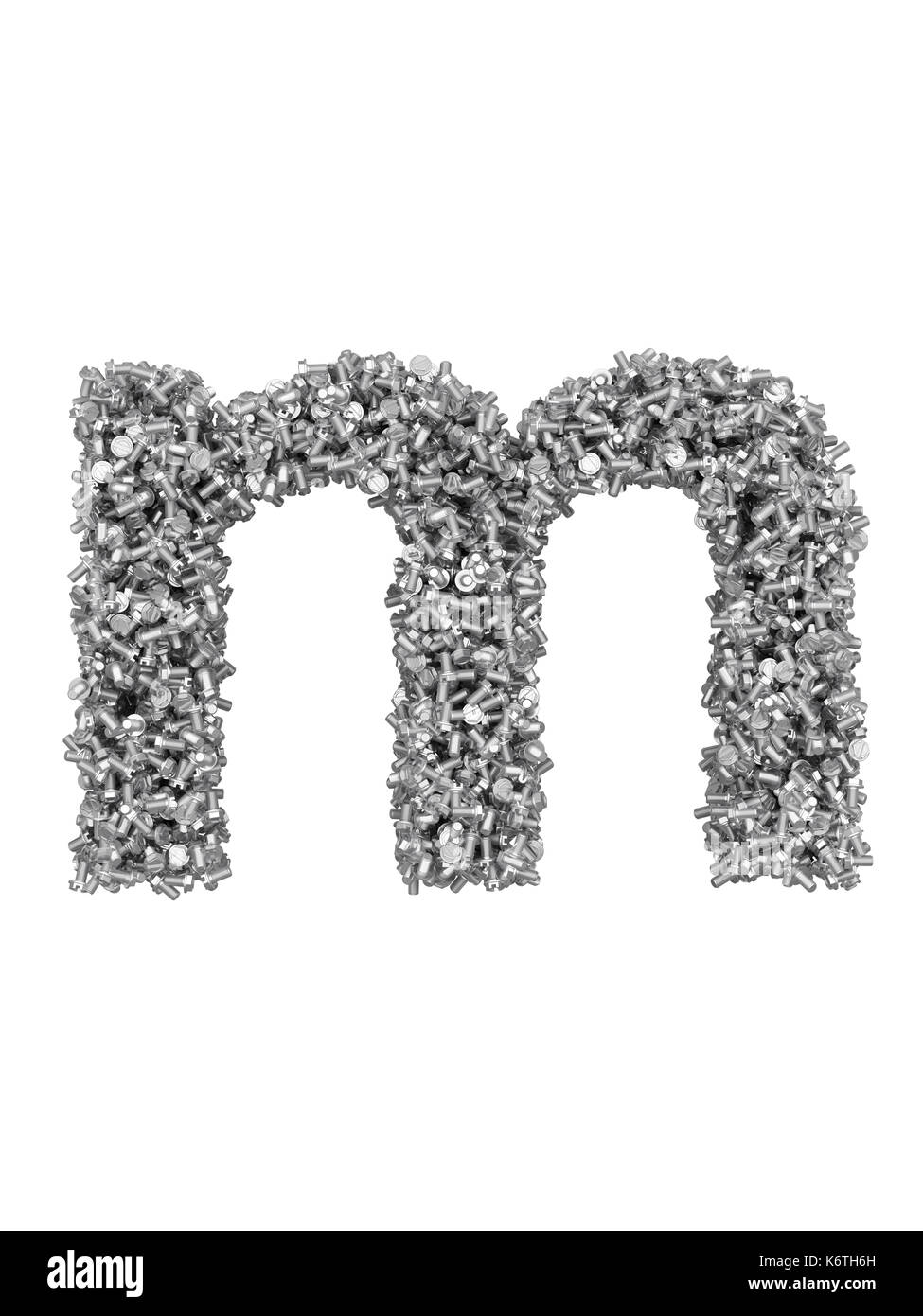 3D render of silver or grey alphabet make from bolts. small letter m ...