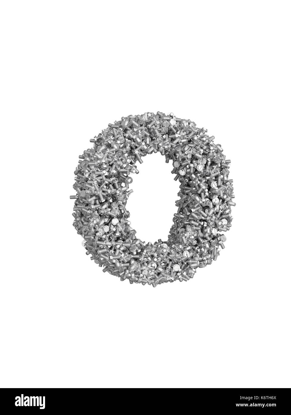 3D render of silver or grey alphabet make from bolts. small letter o ...