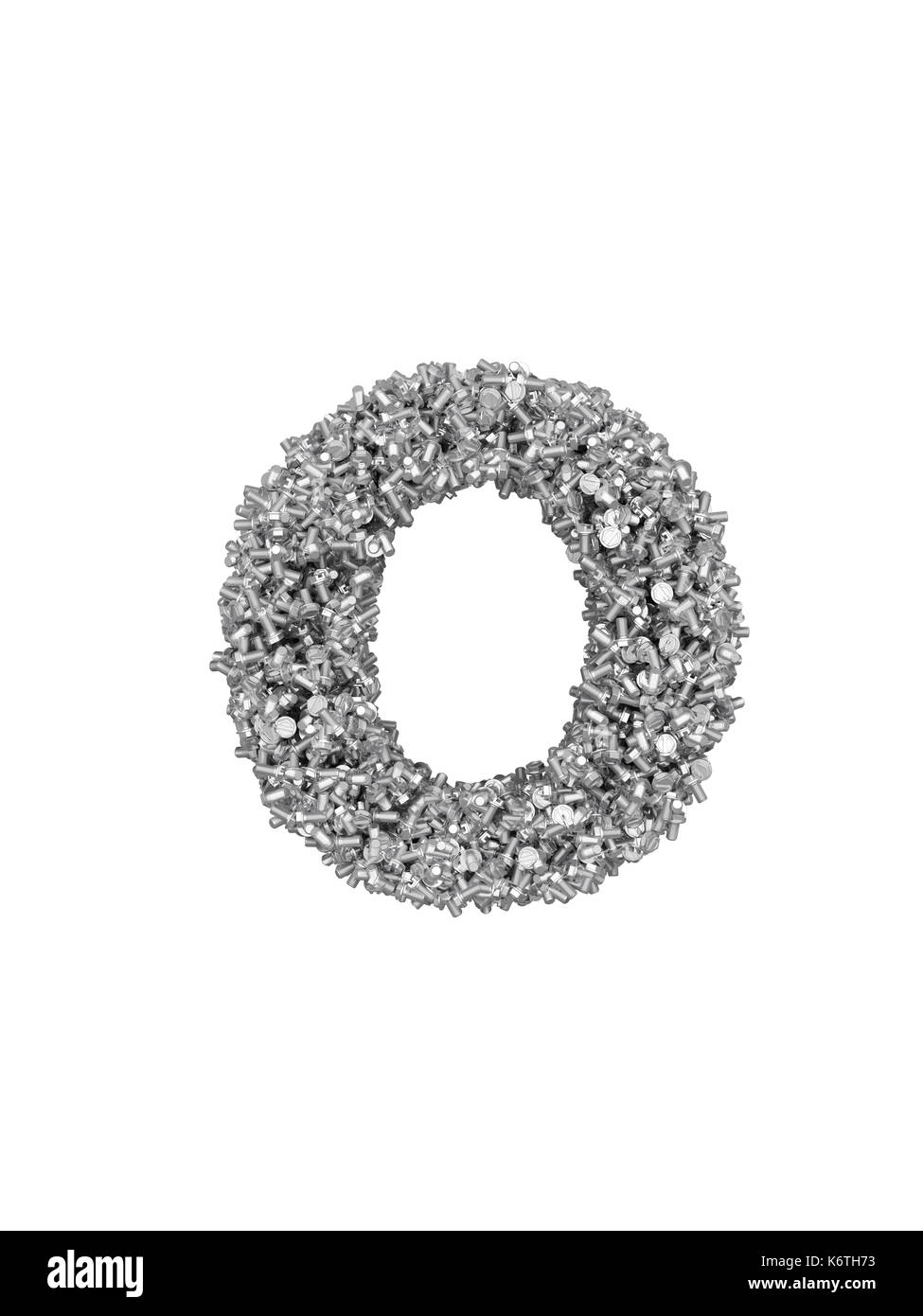 3D render of silver or grey alphabet make from bolts. small letter o ...