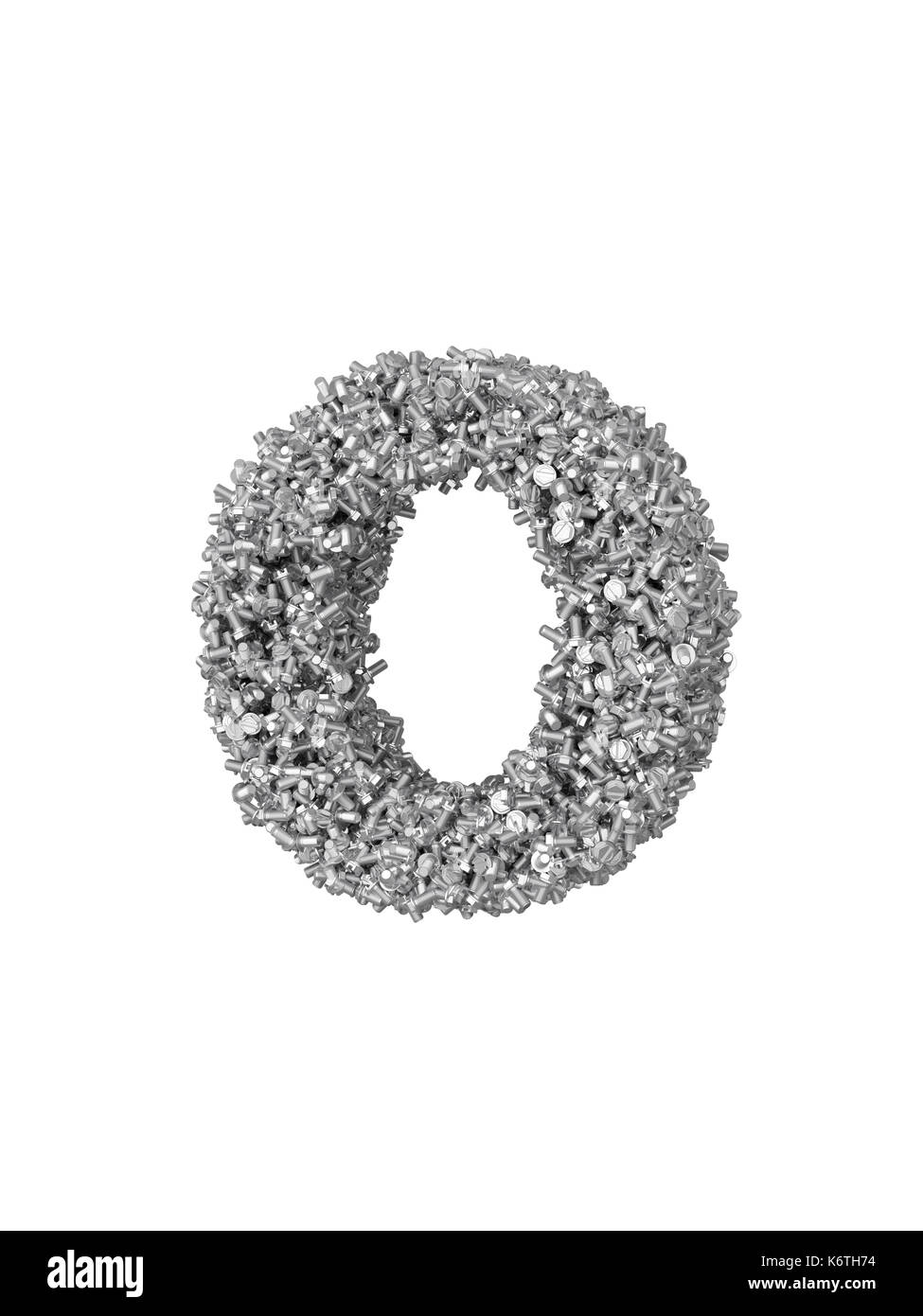 3D render of silver or grey alphabet make from bolts. small letter o ...