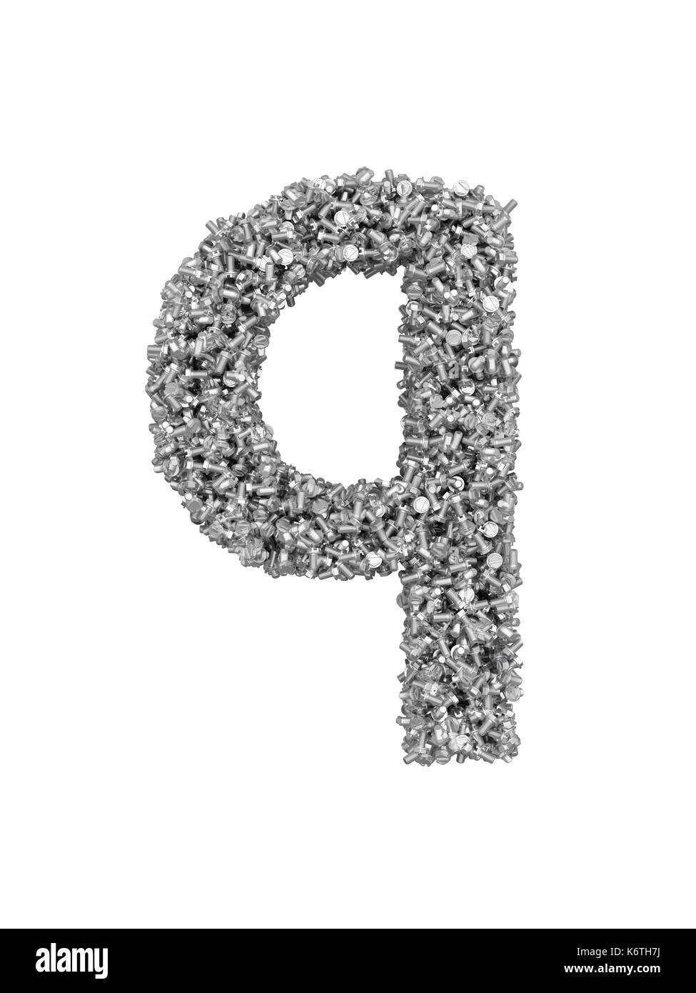 3D render of silver or grey alphabet make from bolts. small letter q ...
