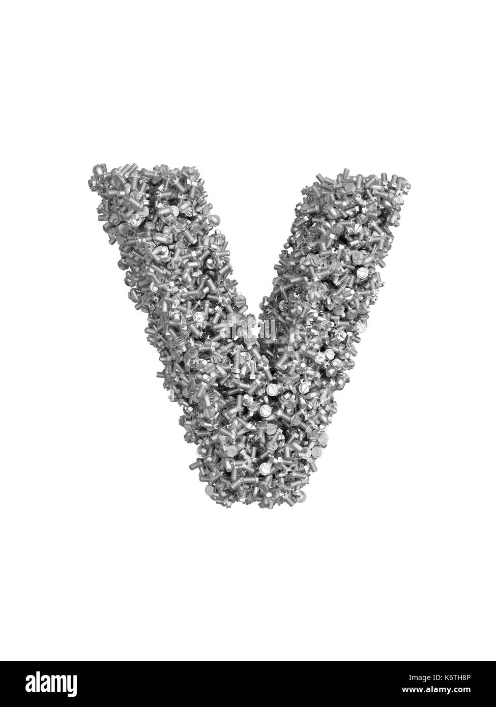 3D render of silver or grey alphabet make from bolts. small letter v ...