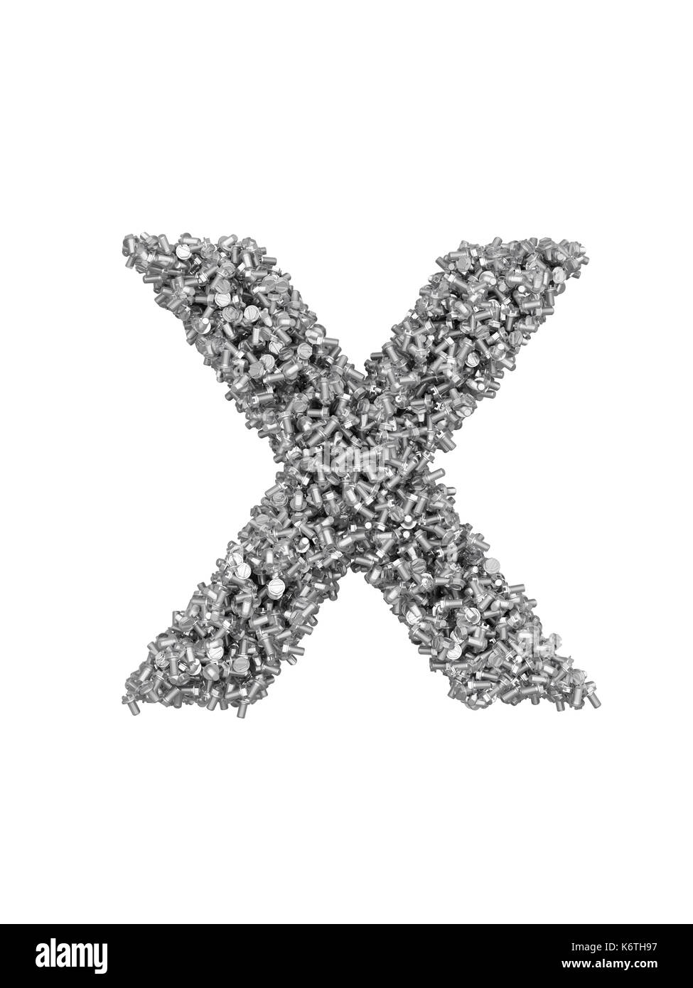 3D render of silver or grey alphabet make from bolts. small letter x ...