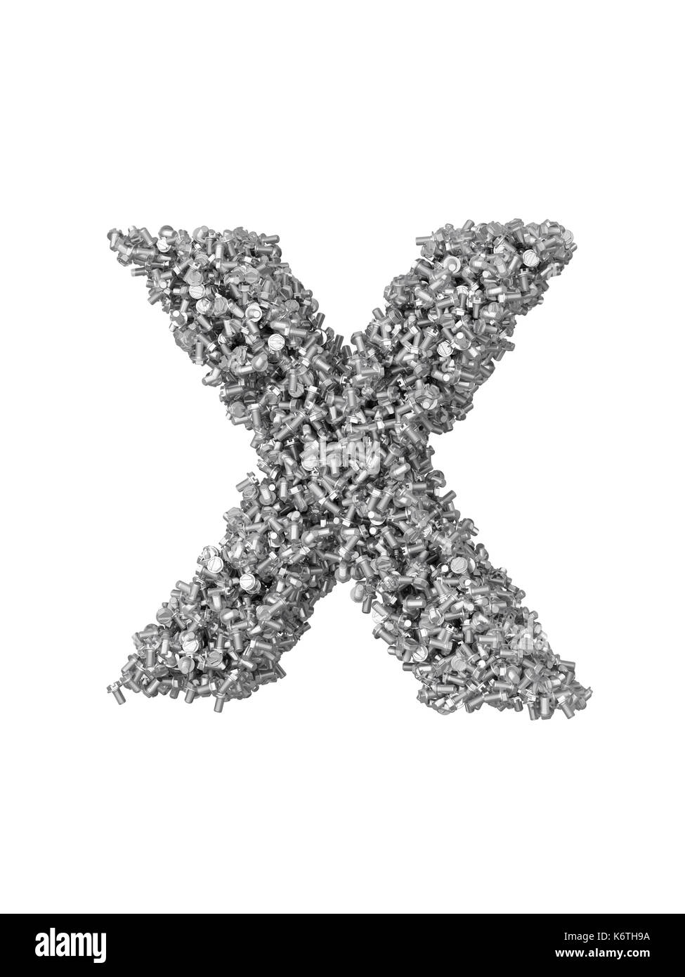 3D render of silver or grey alphabet make from bolts. small letter x ...