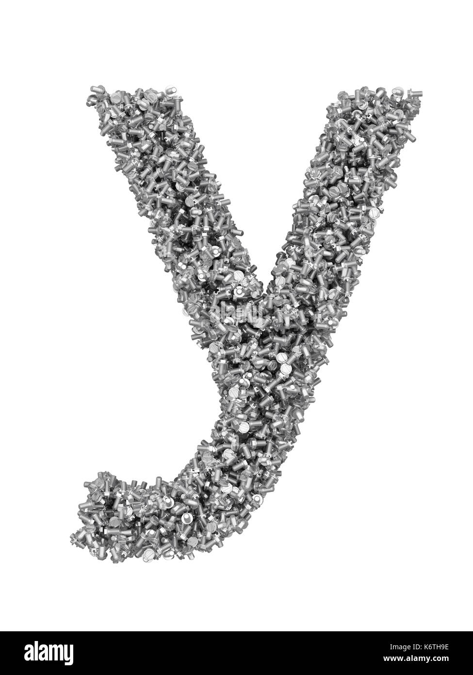 3D render of silver or grey alphabet make from bolts. small letter y ...