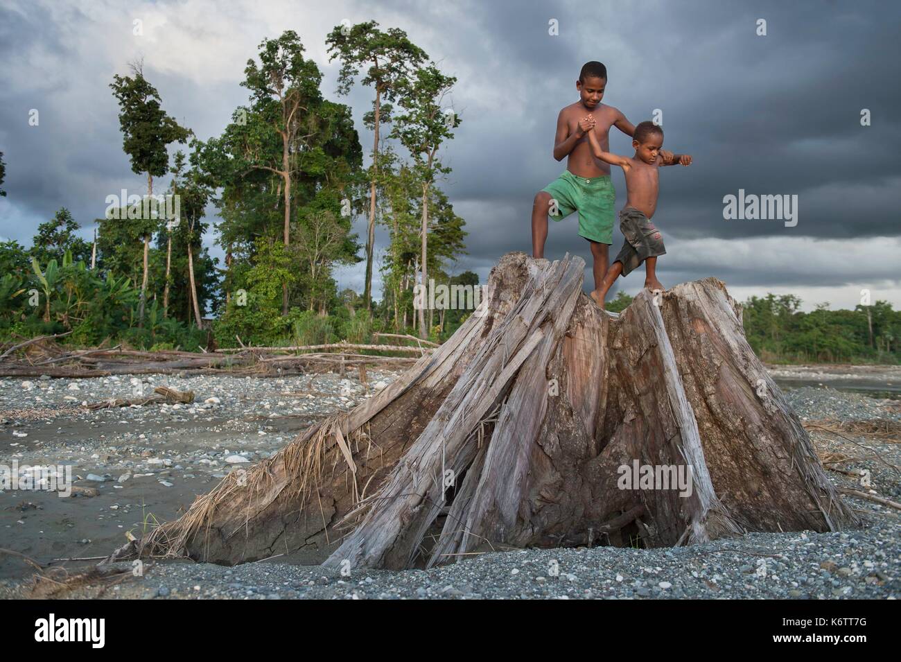 Papua New Guinea, Vanimo province, deforestation, kids playing on a ...