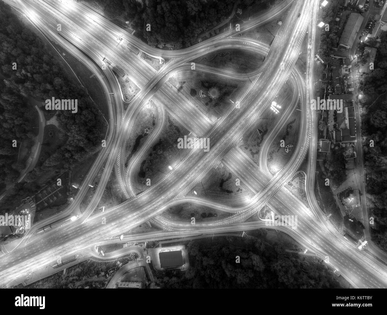 Vertical top down aerial view of traffic on freeway interchange at ...