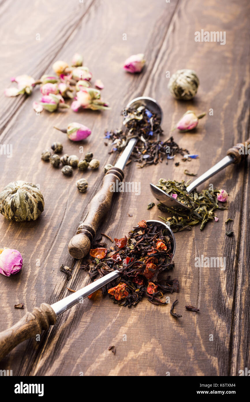 Background with different types of tea leaves Stock Photo - Alamy
