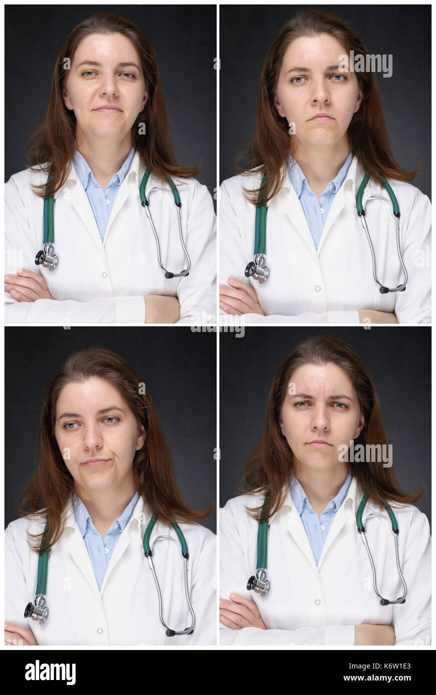 Portraits of a smiling, sad, bored and angry female doctor Stock Photo ...