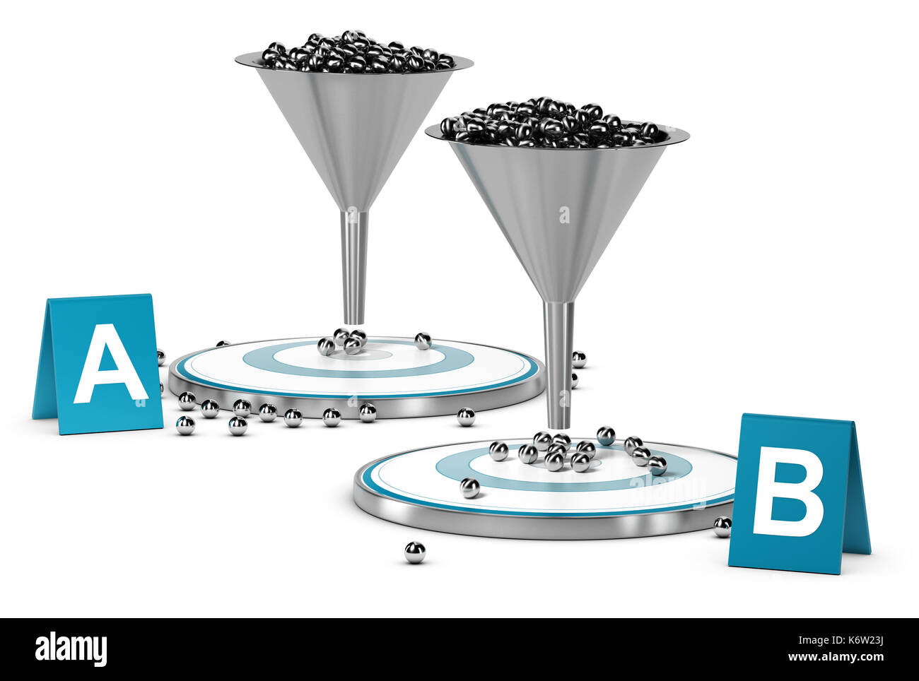 3D illustration of two funnels and targets with letters A and B over ...