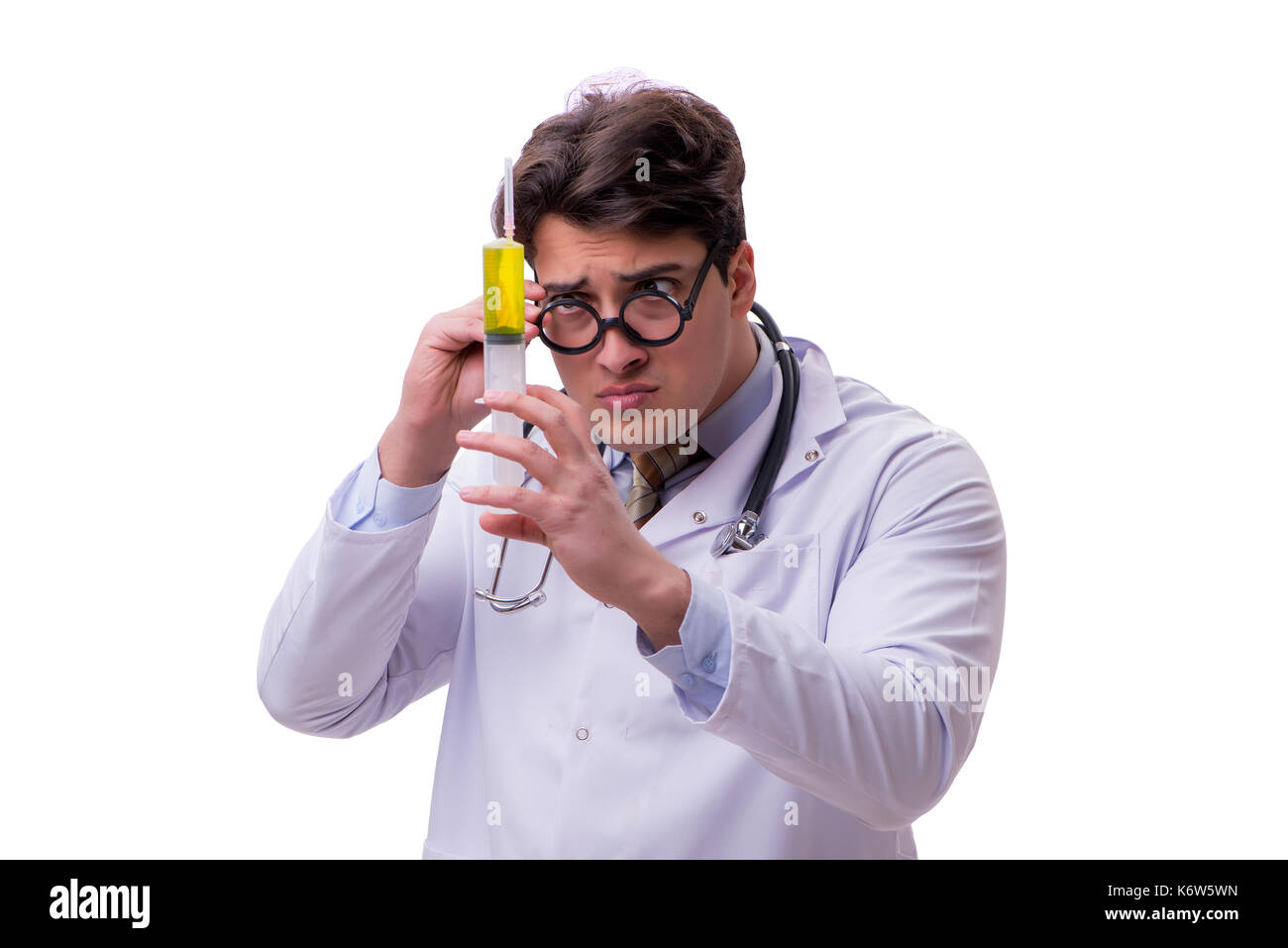 Funny doctor with syringe isolated on white Stock Photo - Alamy