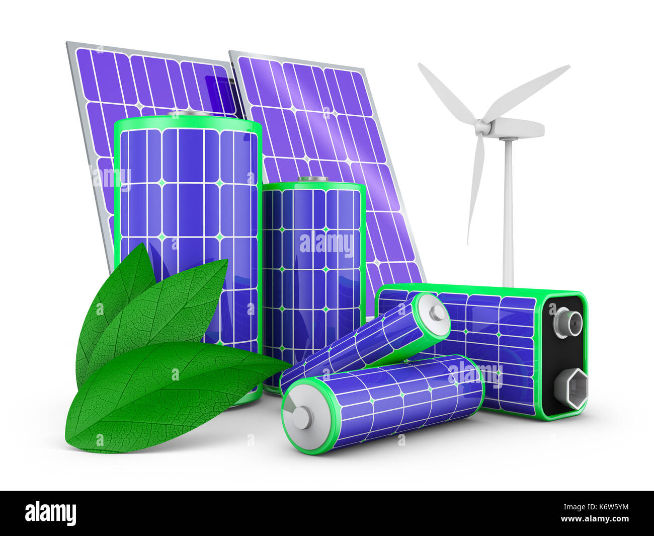 A group of batteries with solar panels on a white background. The ...