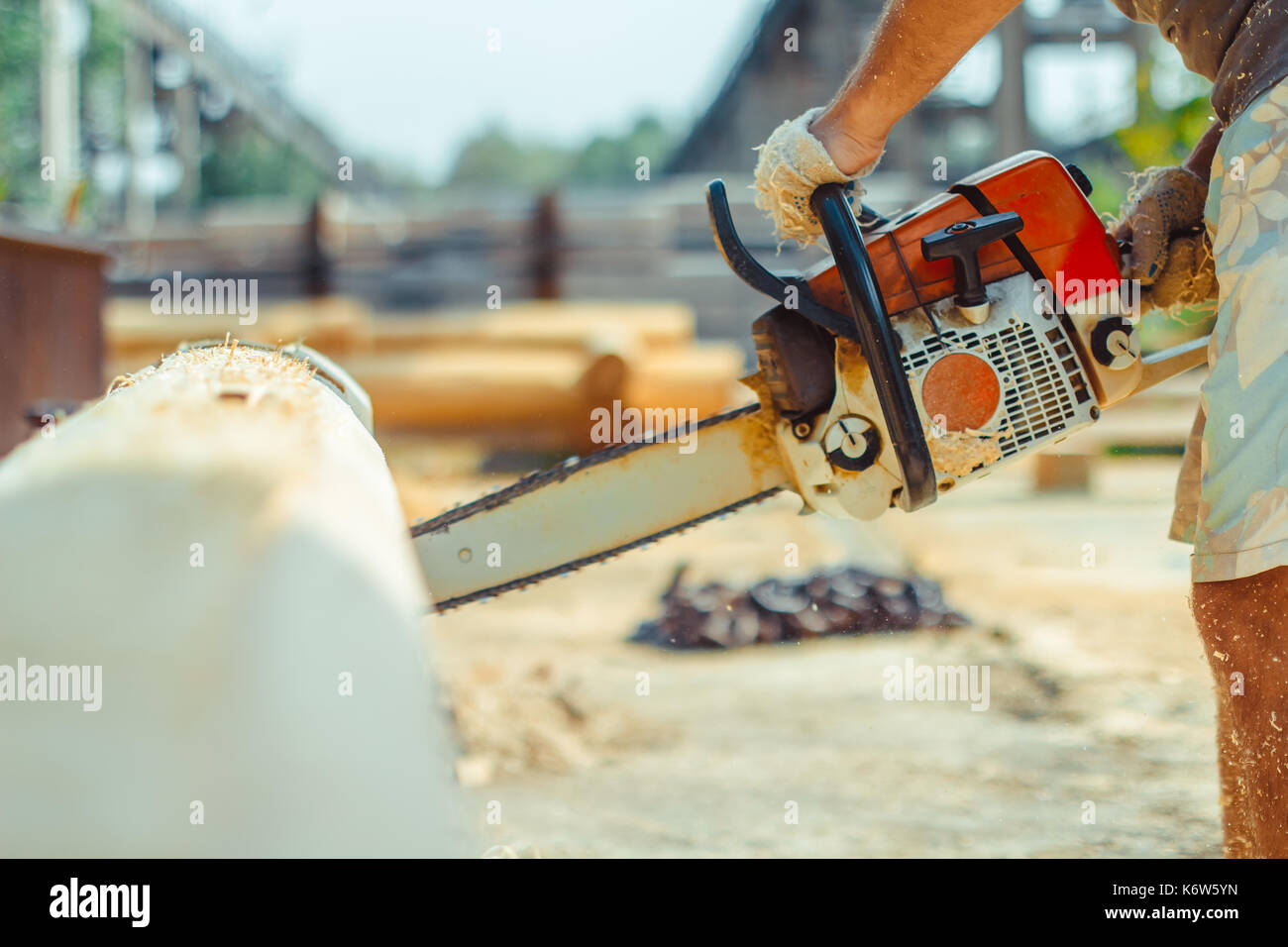 Man with a chainsaw cutting a tree for construction Stock Photo - Alamy