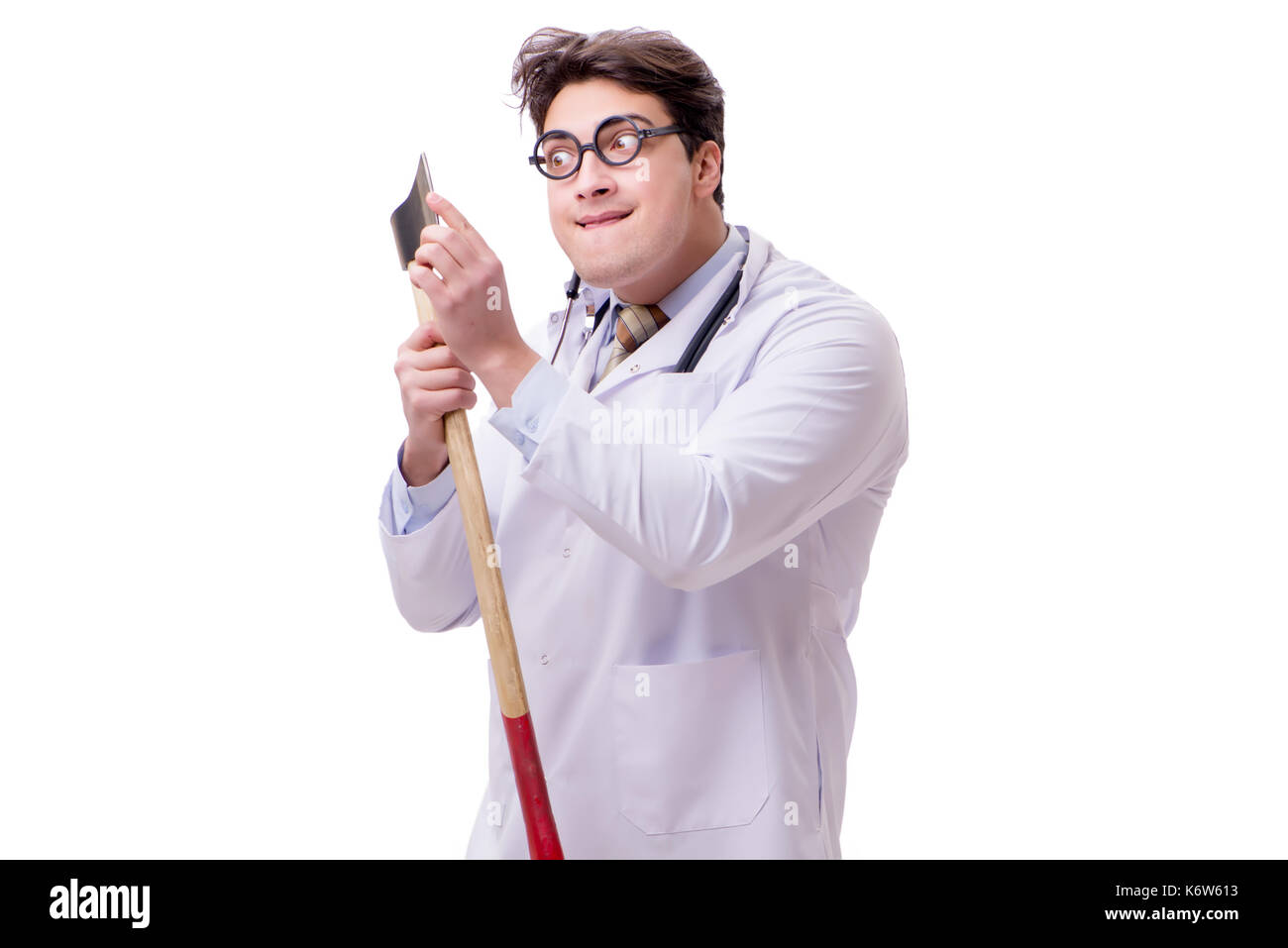 Funny doctor with axe isolated on white Stock Photo - Alamy