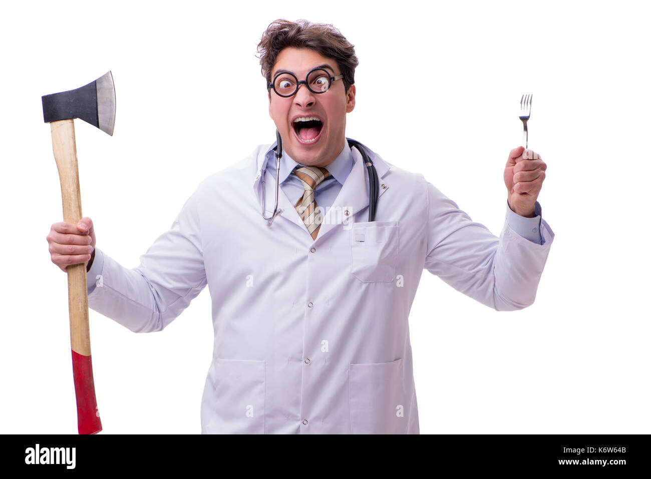 Funny doctor with axe isolated on white Stock Photo - Alamy