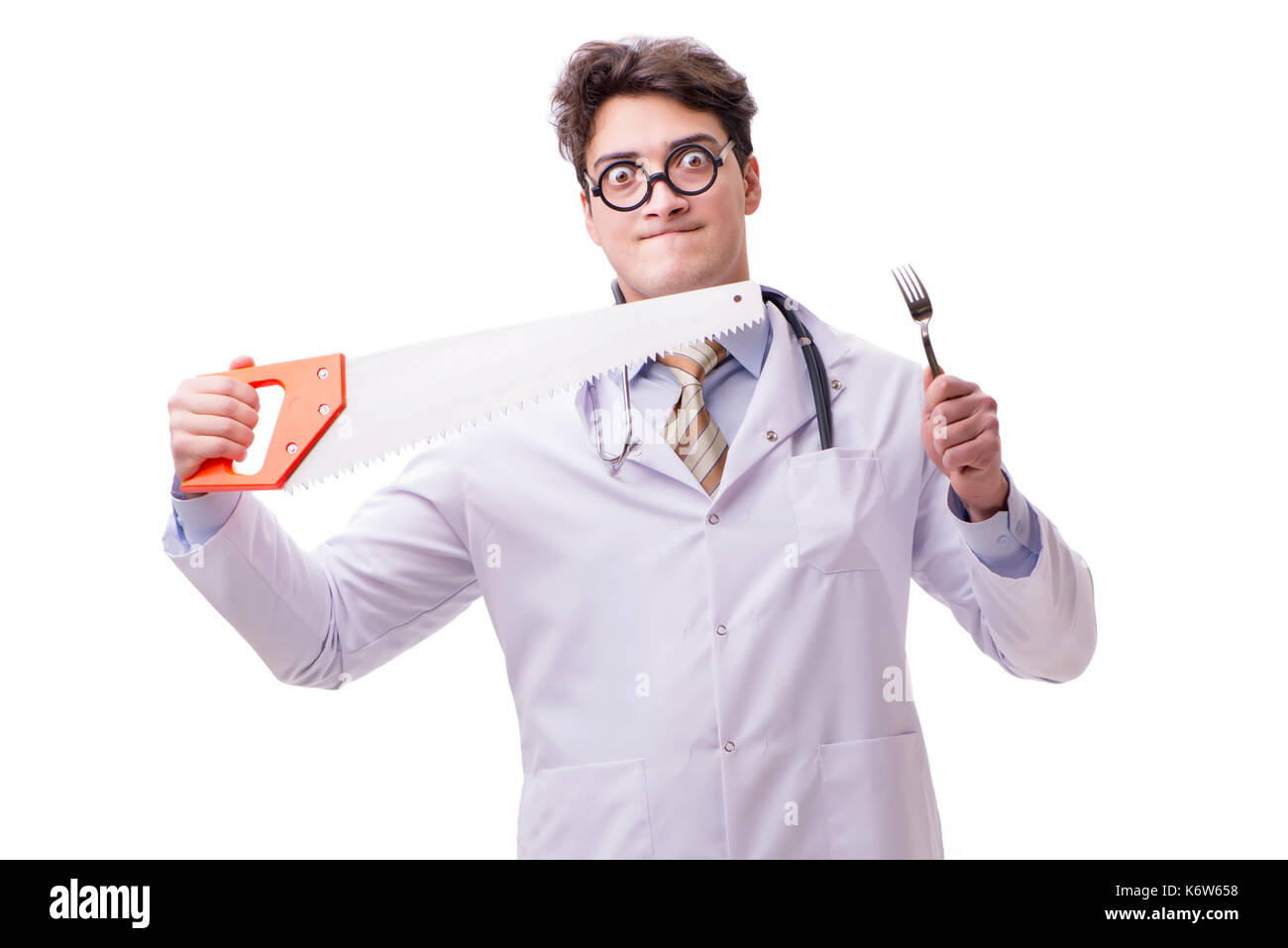 Funny doctor with saw isolated on white Stock Photo - Alamy