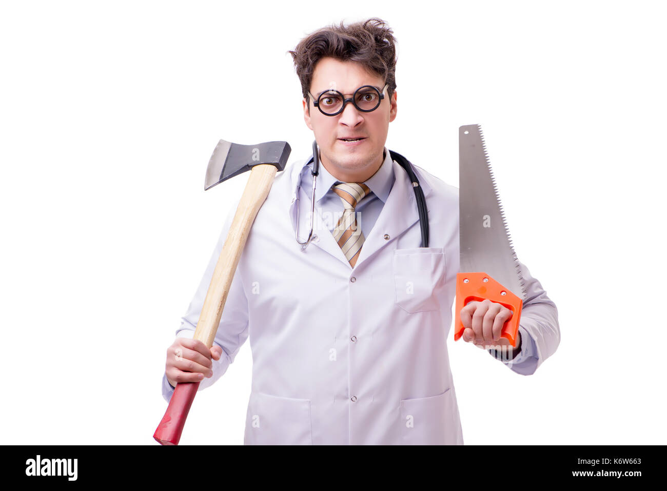 Funny doctor with axe and saw isolated on white Stock Photo - Alamy