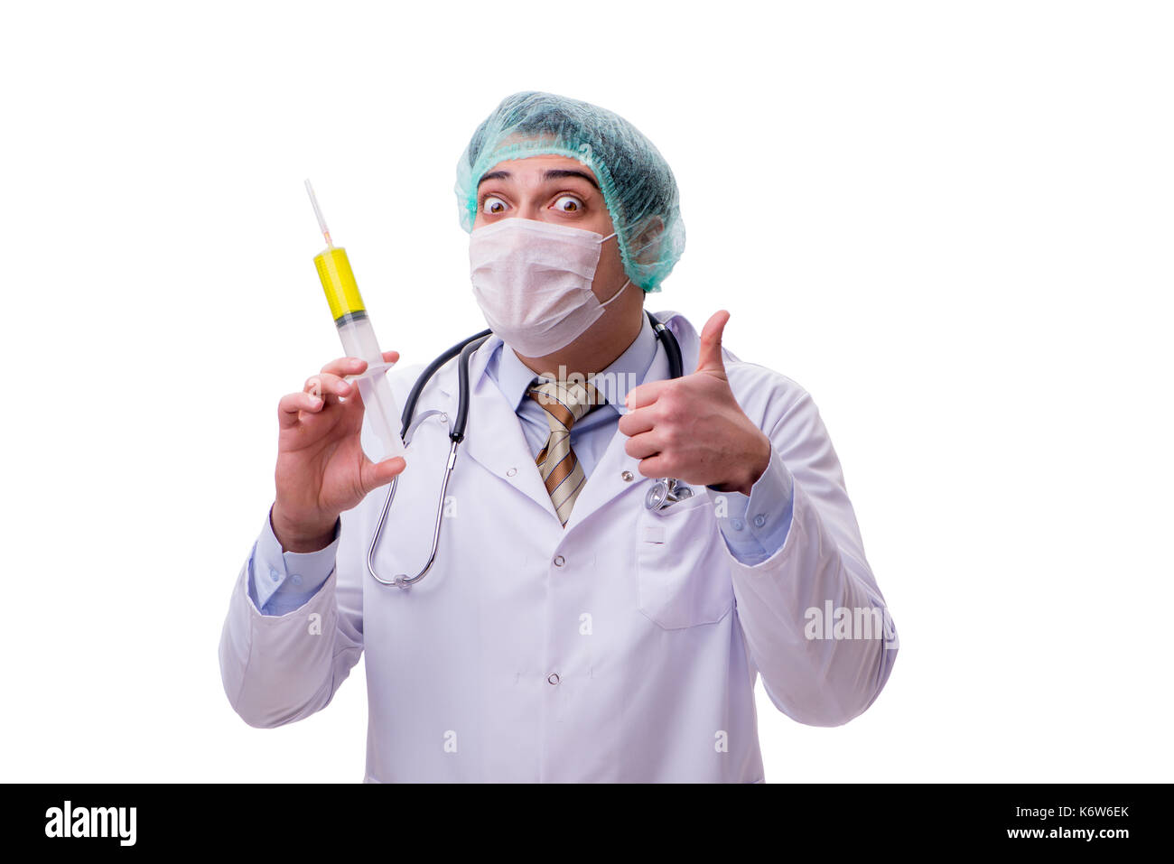 Funny doctor with syringe isolated on white Stock Photo - Alamy