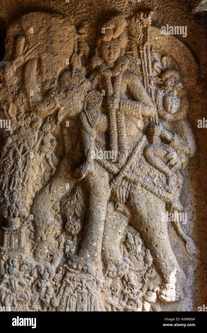 Indra on Elephant carving at Bhaja Caves, Maharashtra, India Stock ...