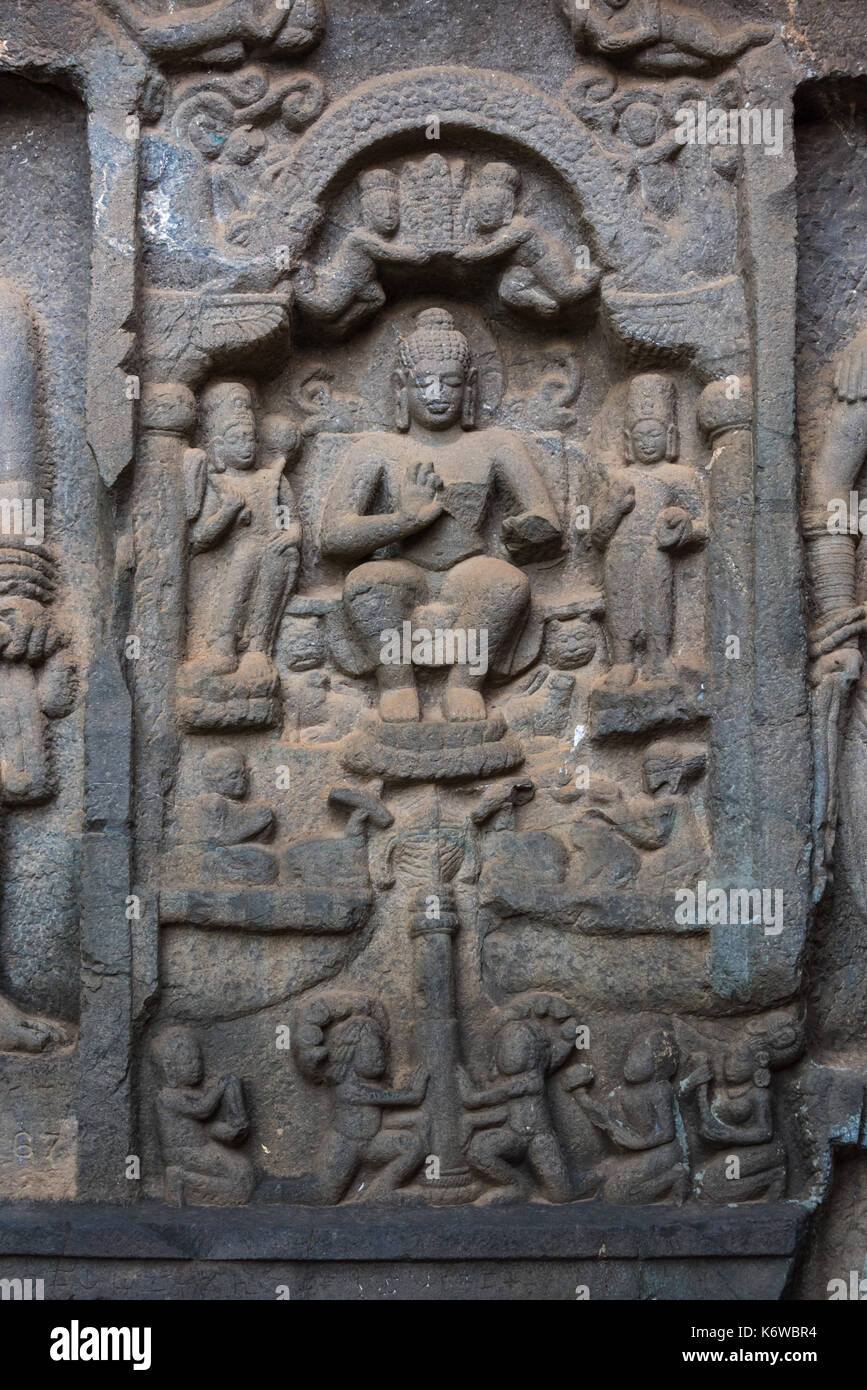 Carving at entrance to Chaitya at Karla, Maharashtra, India Stock Photo ...