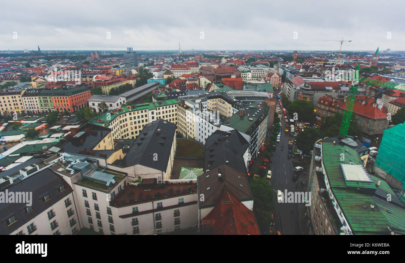 Beautiful super wide-angle sunny aerial view of Munich, Bayern, Bavaria ...