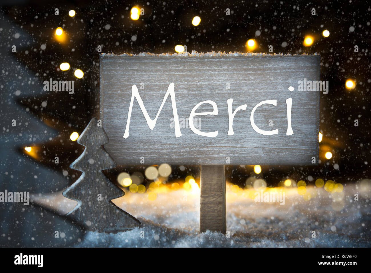 White Christmas Tree, Merci Means Thank You, Snowflakes Stock Photo - Alamy