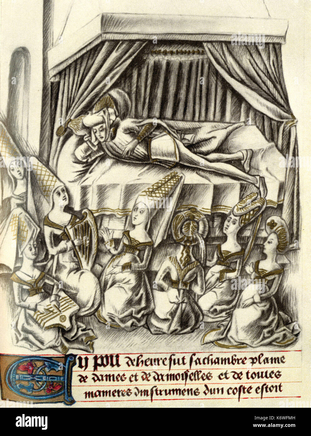 French illumination from 15th century, showing women playing harp and ...