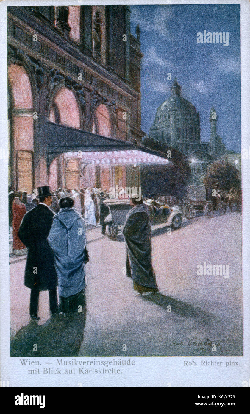 Musikvereinsaal exterior, Vienna 1920s. In the evening with people ...