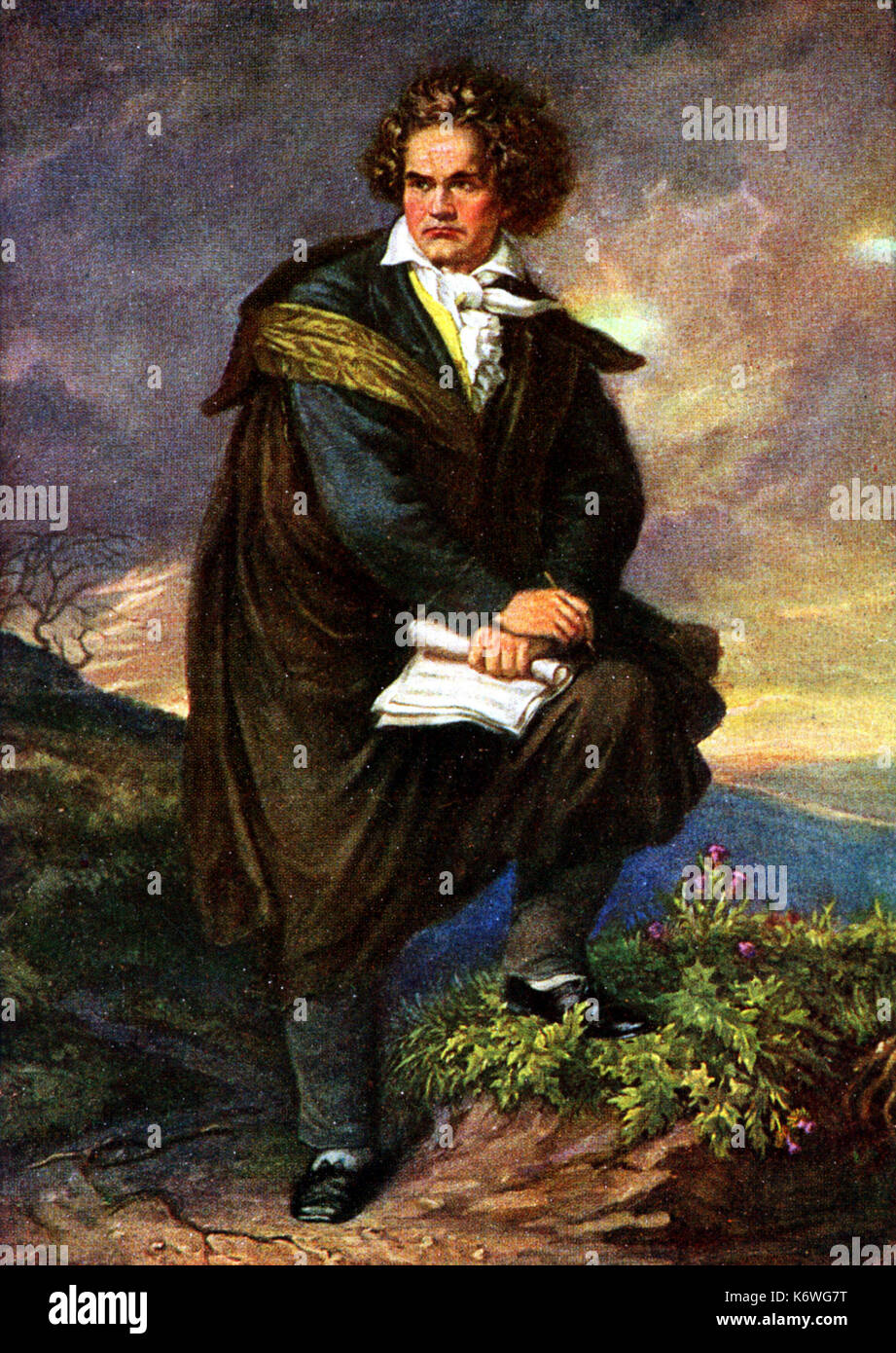 Ludwig van Beethoven seated on hillside holding score and seeking ...