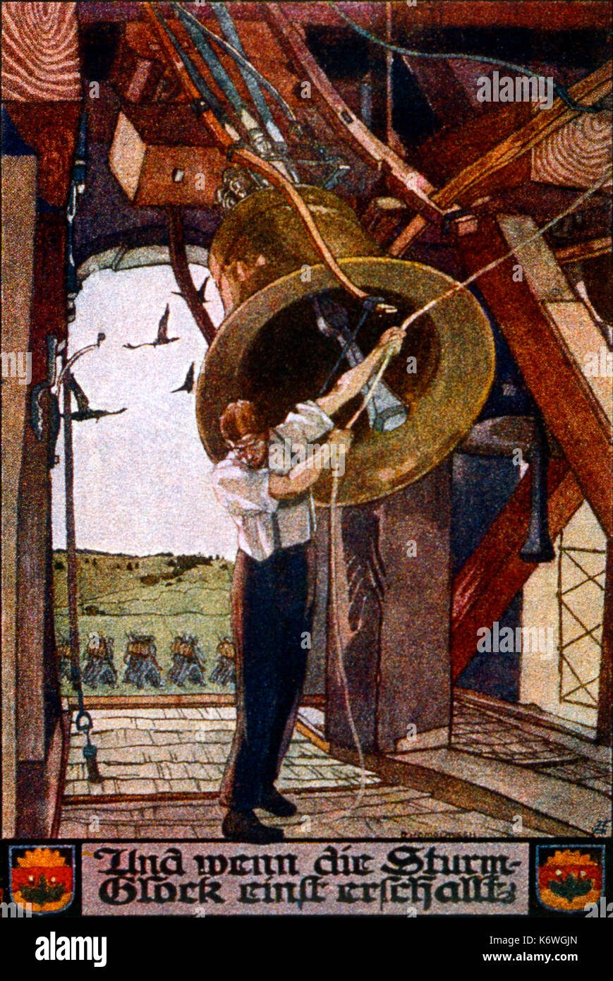 INSTR - PERCUSSION - BELL Man ringing SturmGlock (storm-bell) in tower ...