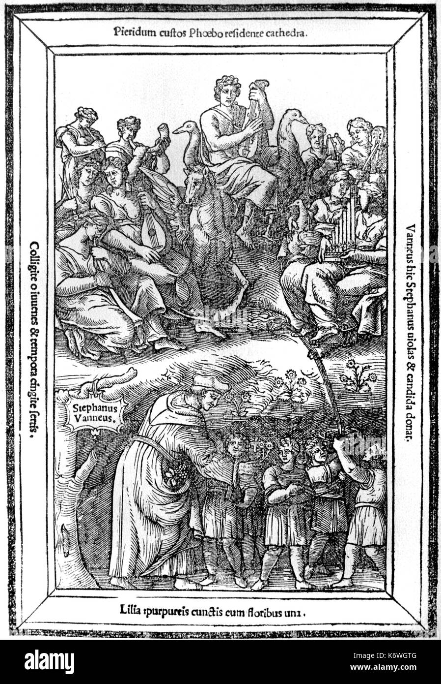 Apollo playing lyre surrounded by muses playing trumpet, horn, lute ...