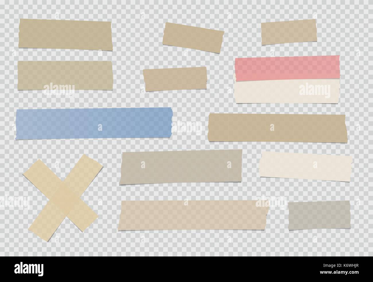 Brown, colorful different size adhesive, sticky tape, paper pieces on ...