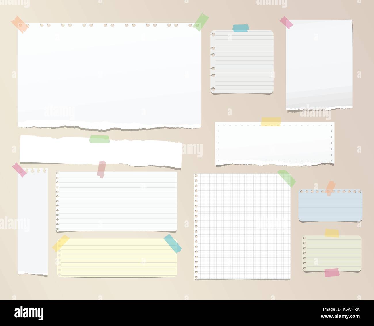 Torn ruled, squared note, notebook, copybook paper strips, sheets stuck ...