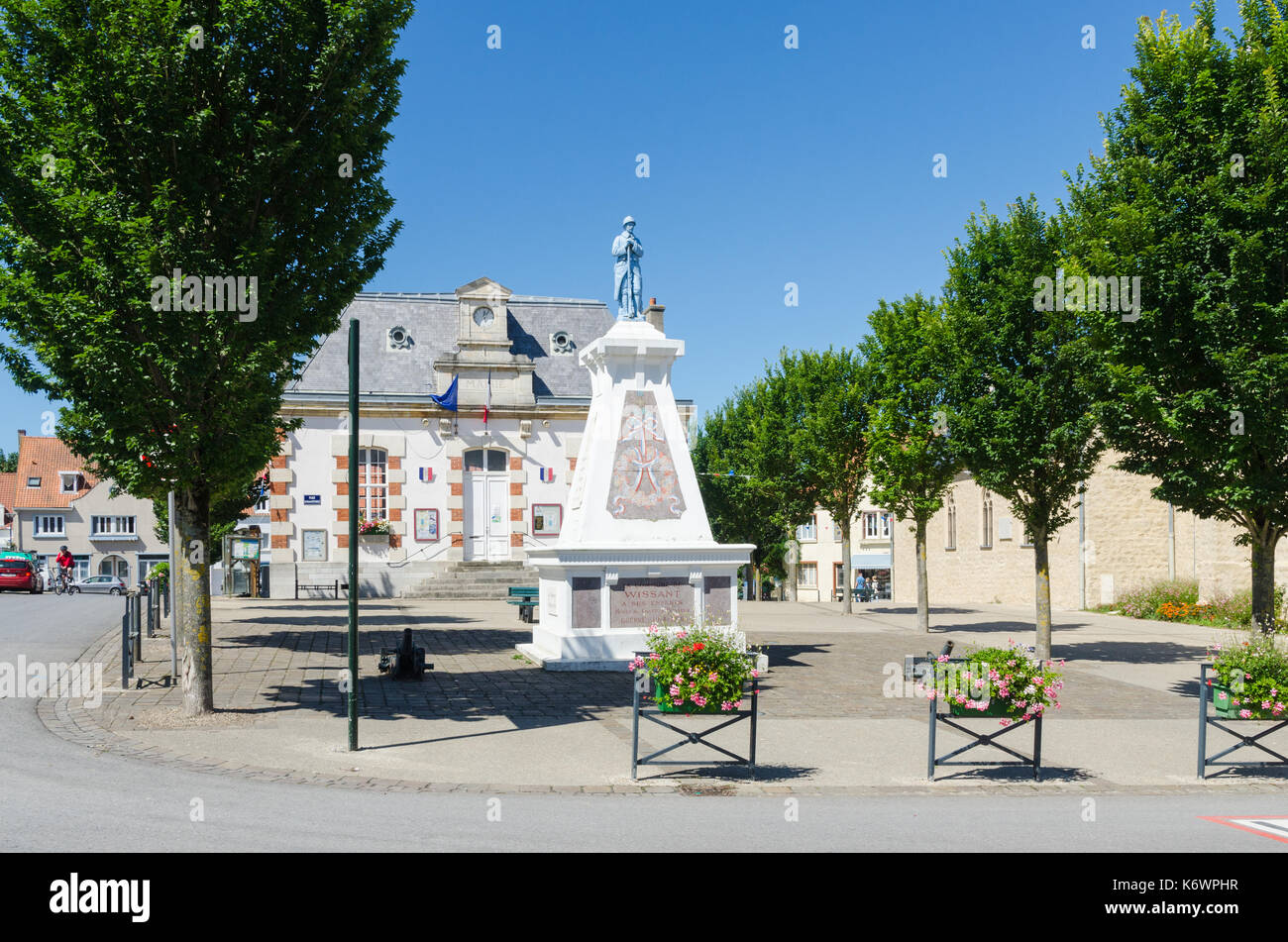The town hall and war memorial in the centre of Wissant in the Pas-de ...