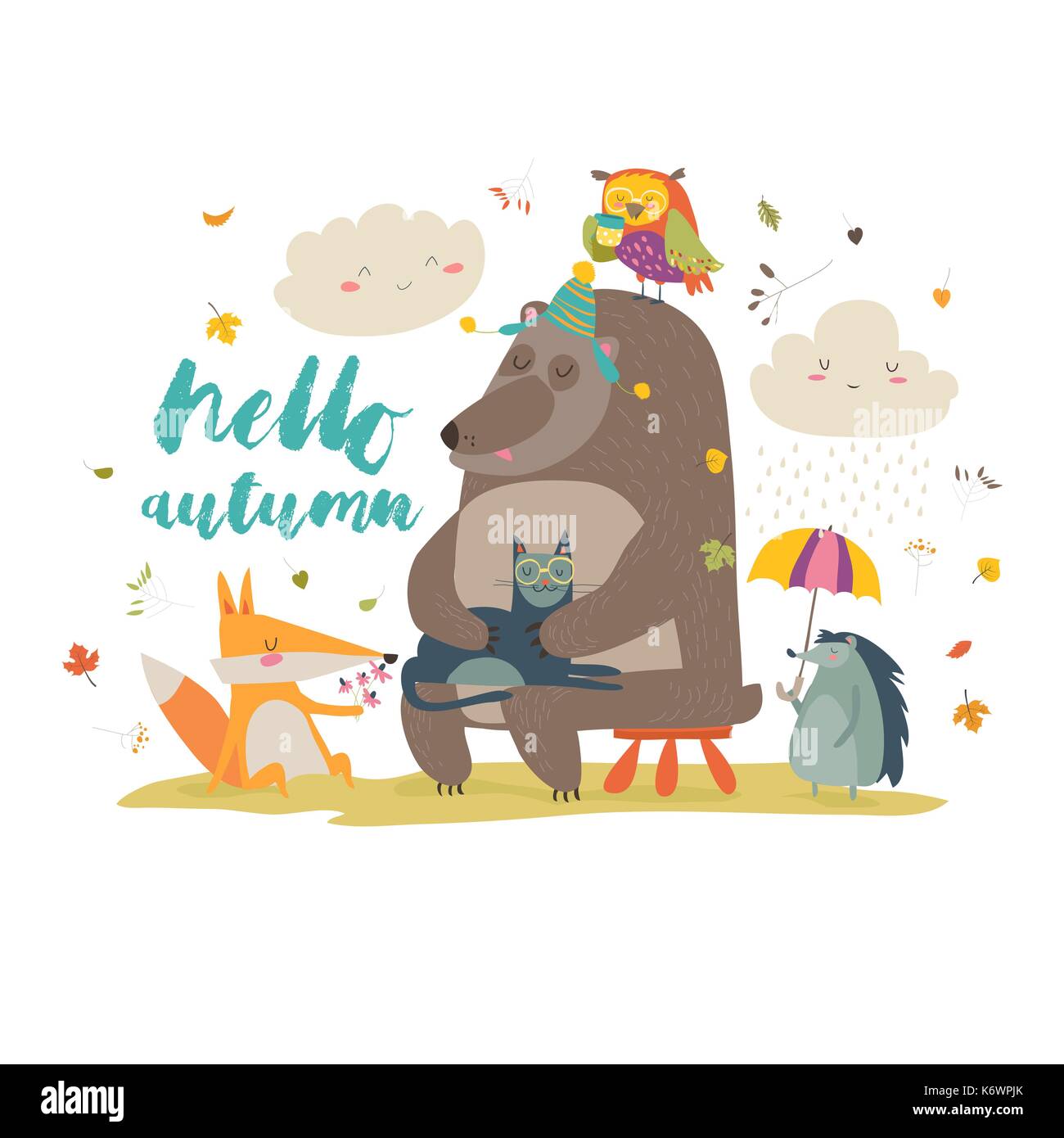 Hello autumn background with cute animals Stock Vector Image & Art - Alamy
