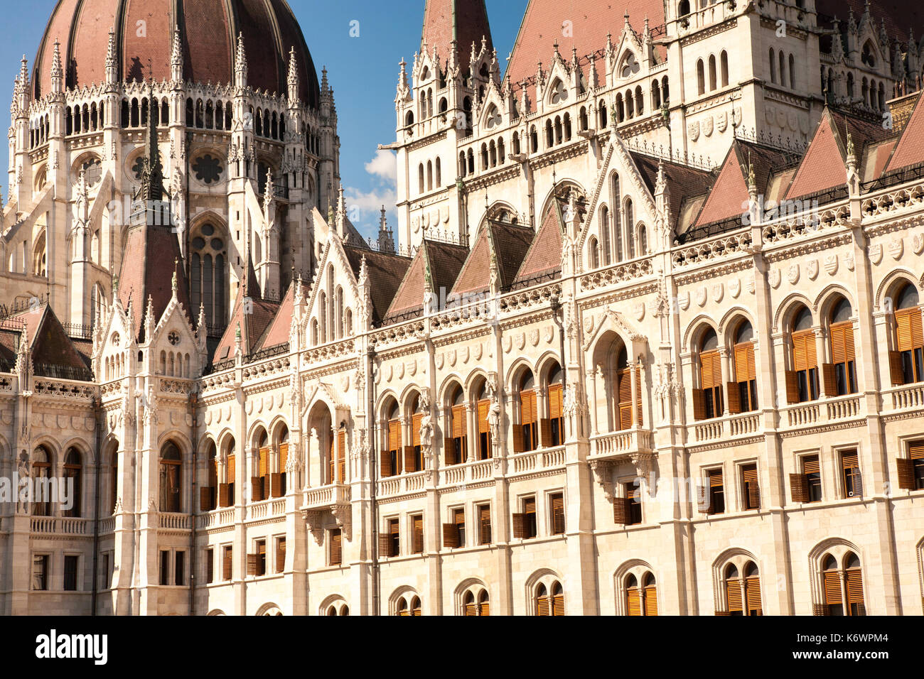 A detail of the white marble neo-gothic parliament building of Hungary ...