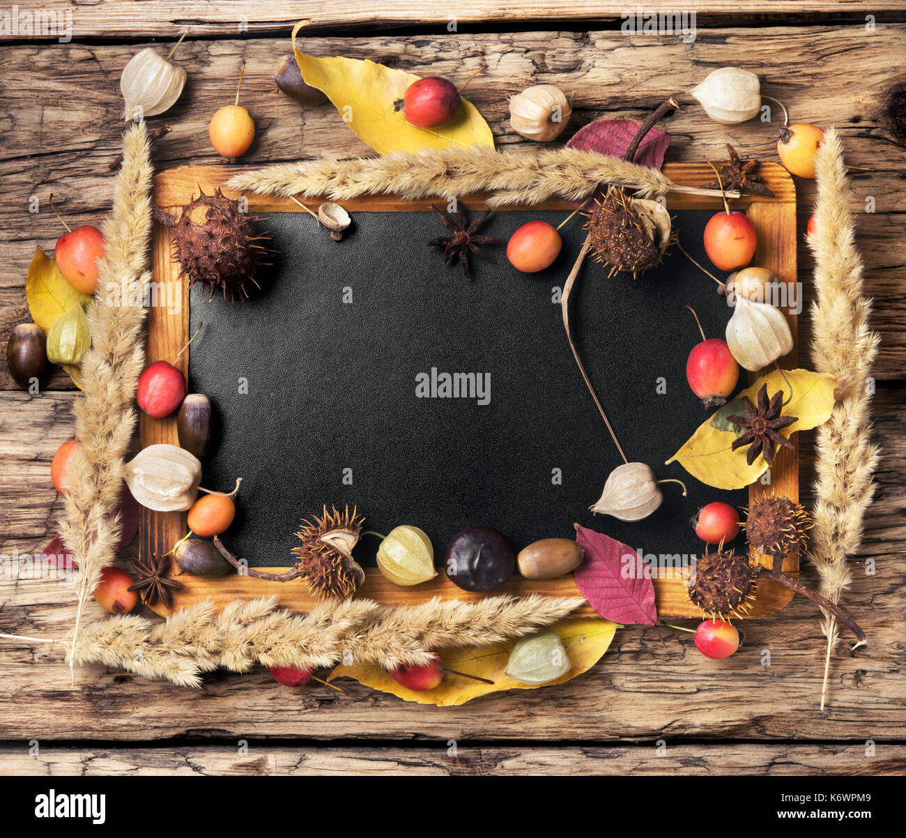 autumn foliage, apples, walnut, acorns and cinnamon on a retro ...